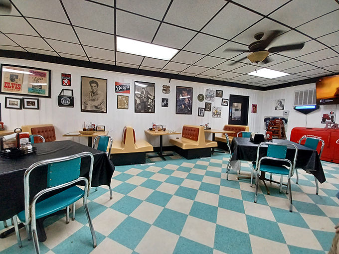 Step inside and you've time-traveled to the 1950s, complete with checkered floors and walls that serve as a shrine to Elvis and American nostalgia.