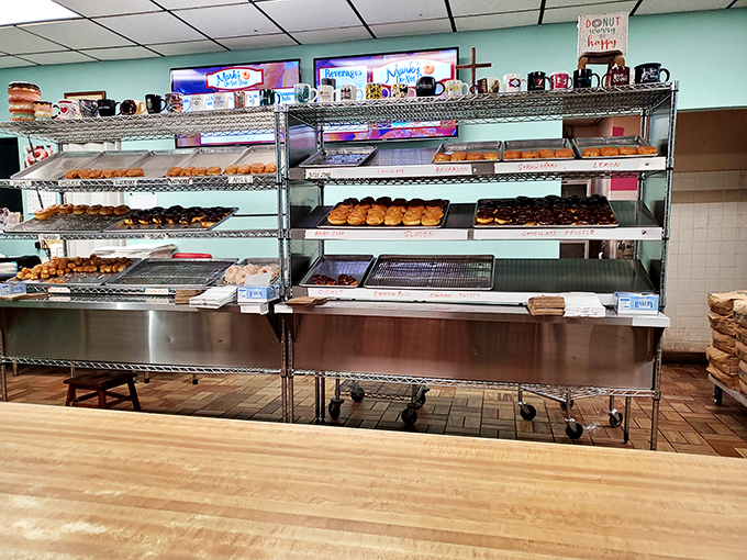 Behold the holy grail of breakfast indulgence&mdash;metal shelves lined with golden treasures that make waking up early completely worth it.