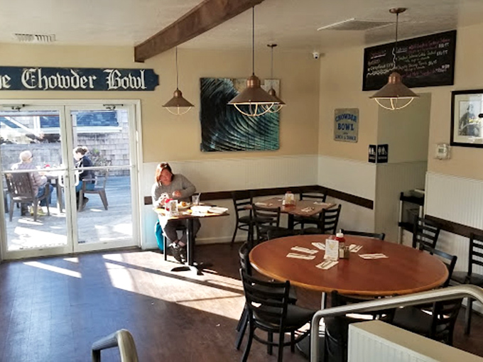 Step inside and discover a cozy dining room where nautical meets homey. Those wooden beams and ocean artwork remind you exactly where your meal came from.