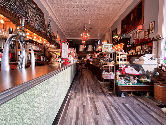 Step inside and time slows down &ndash; the narrow shop with its vintage counter, ornate tin ceiling, and warm wooden floors whispers stories of generations who've satisfied their sweet tooth here.