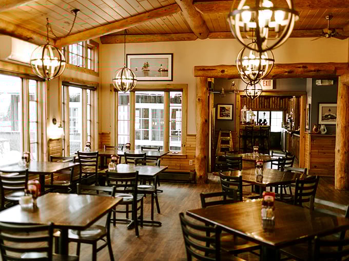 Timber frames and globe lighting create the perfect Minnesota mood. Lake Superior's spirit flows through this dining room like a warm, woody hug.