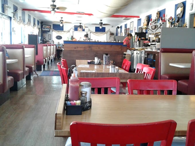 Red chairs and cozy booths invite you to settle in for a seafood feast. The nautical decor isn't trying to impress Architectural Digest&mdash;it's busy impressing your taste buds.