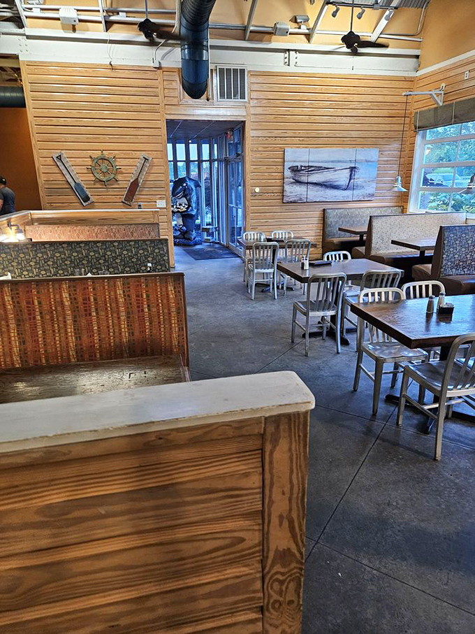 Wooden paneling and nautical accents transport you to a cozy ship's cabin, minus the seasickness and with much better food.