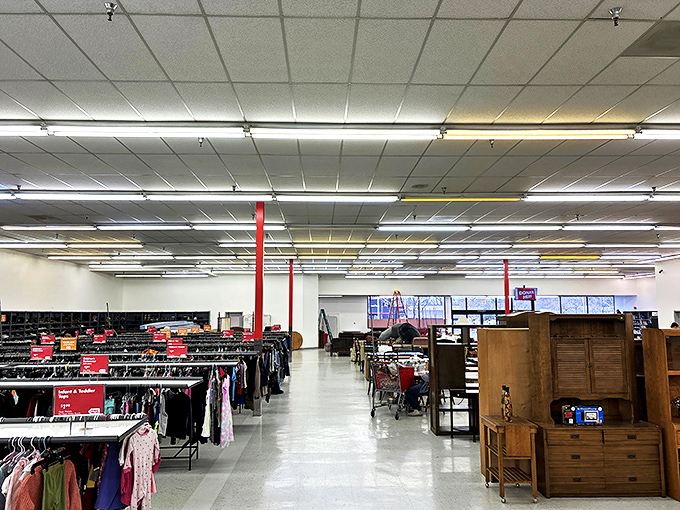 Endless aisles stretch toward retail infinity, where fluorescent lights illuminate the path to secondhand salvation.