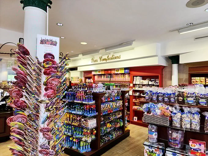 Candy paradise doesn't need pearly gates when it has towering lollipop trees and shelves that make Willy Wonka look like an amateur.
