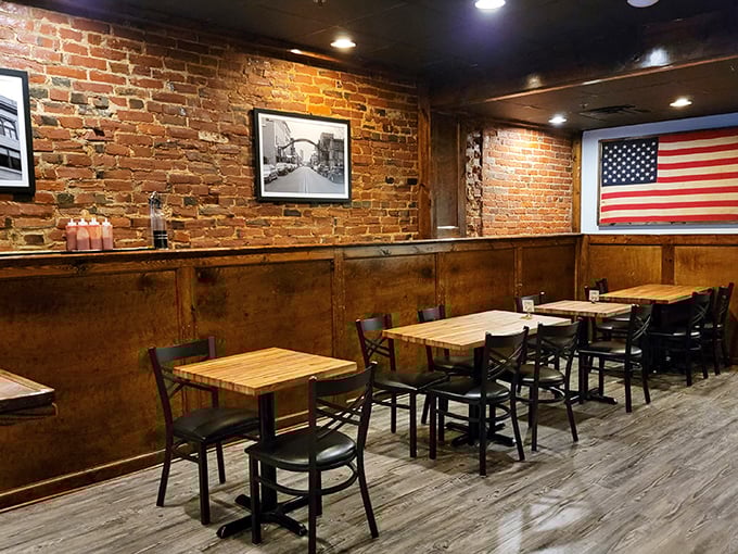 Exposed brick walls and wooden wainscoting create the perfect backdrop for burger bliss&mdash;rustic comfort meets urban cool in downtown Wilmington.