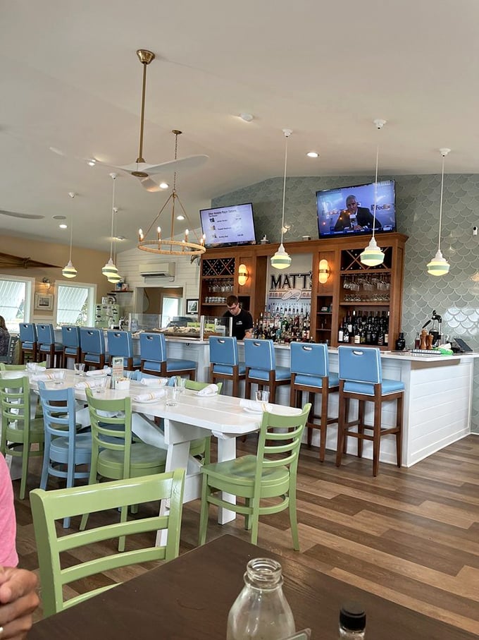 Nautical meets nice inside Matt's, where sea-foam green chairs and blue bar stools create the perfect backdrop for seafood indulgence without the kitschy overkill.