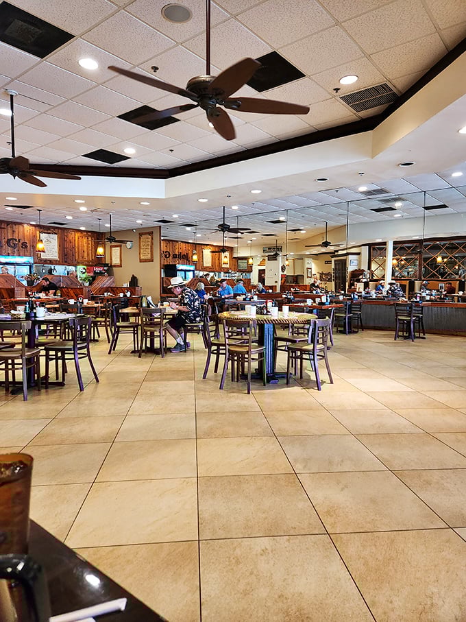 Inside, ceiling fans lazily spin above diners deep in breakfast bliss. The warm, inviting interior feels like Florida's answer to the classic American diner.