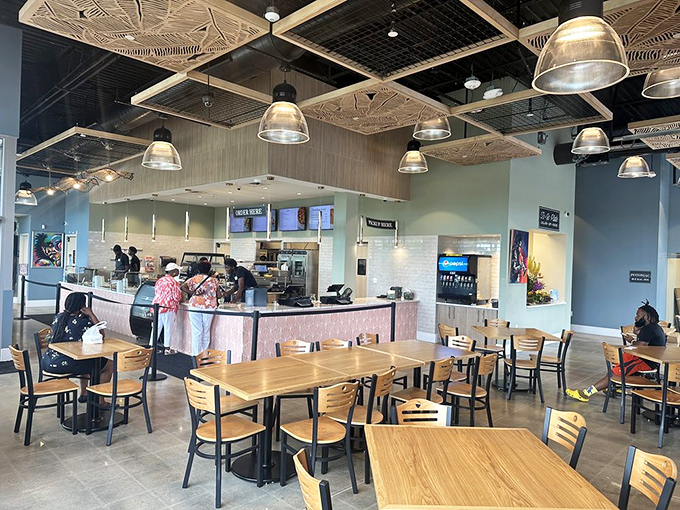 Modern meets homey in Ruby's airy interior, where contemporary design elements frame a space dedicated to the serious business of comfort food.