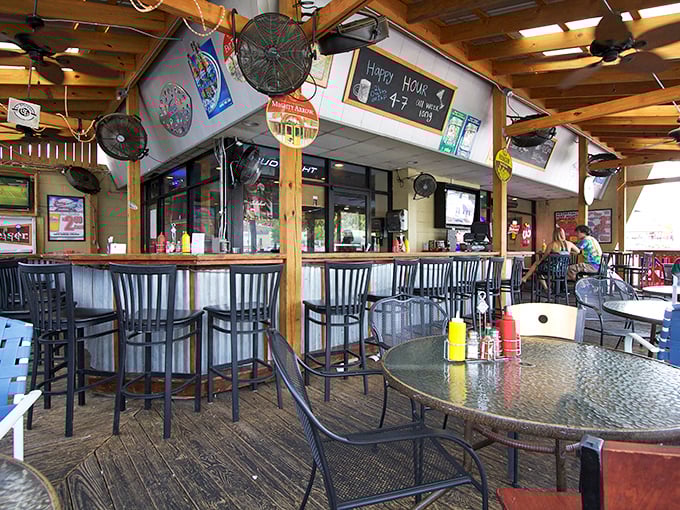 The bar area beckons with the promise of cold drinks and hot gossip &ndash; the perfect prelude to a burger adventure.