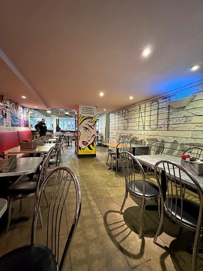 Pop art meets comfort food haven inside, where Roy Lichtenstein-style artwork watches over diners plotting their attack on plates of morning deliciousness.