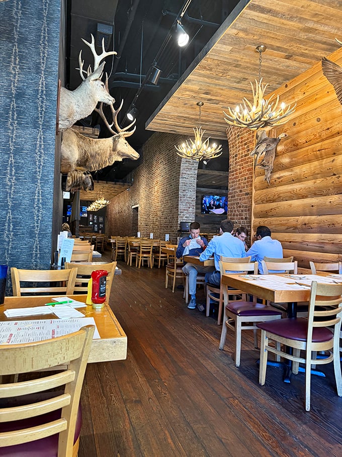 Step inside and you're transported to a rustic Canadian lodge, complete with antler chandeliers and mounted deer heads watching over your dining decisions.