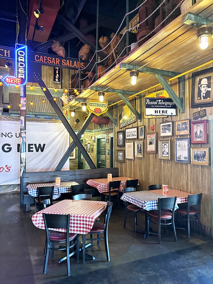 Step inside and you're transported to Chicago's heyday. Red checkered tablecloths and vintage memorabilia create the perfect backdrop for the impending napkin apocalypse.