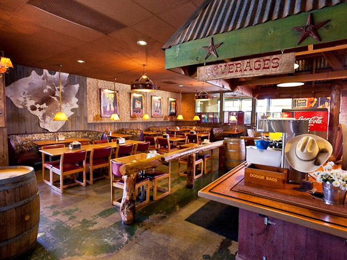 Star-studded chandeliers and Western-themed booths transport you straight to Texas cattle country. No passport required, just an appetite for adventure.