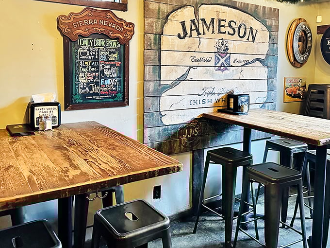 The rustic interior blends wood, metal, and vintage beer signage&mdash;a temple where craft brews and burger dreams harmoniously coexist.