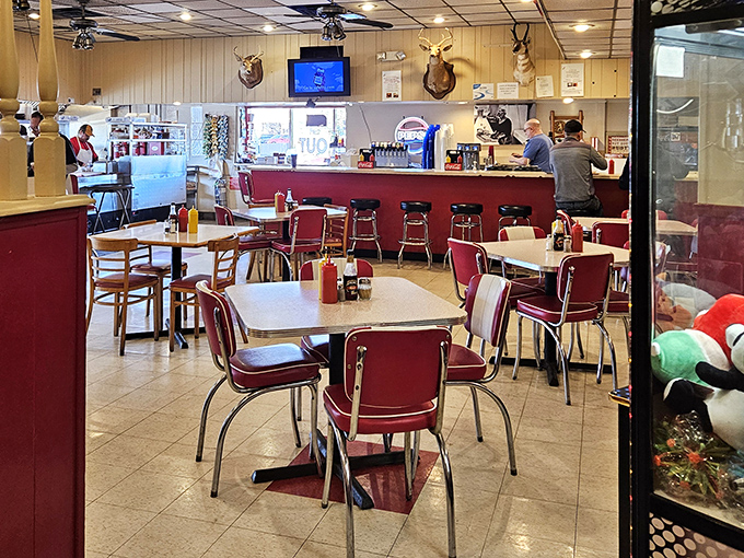 Classic diner vibes with mounted deer heads watching over your meal. This no-frills interior says, "We're here for the food, not the Instagram backdrop."