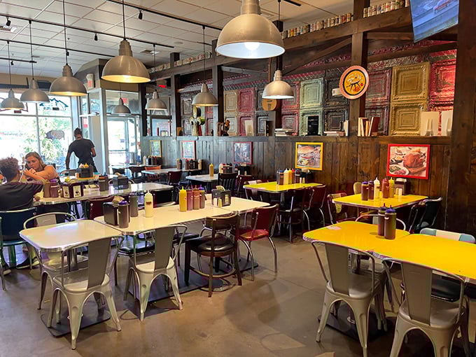 Industrial meets homey in this colorful dining space, where mismatched chairs and vintage-inspired d&eacute;cor create the perfect backdrop for serious eating.