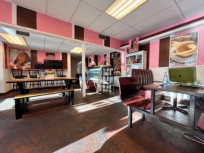 The cozy interior feels like your cool aunt's kitchen &ndash; if your aunt happened to be a cheesecake wizard with impeccable taste in pink.