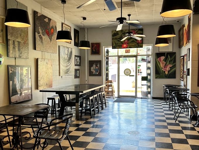Inside, the black and white checkered floor and local artwork create that perfect balance of nostalgic diner meets artsy caf&eacute;&mdash;like your coolest aunt's kitchen got a gallery makeover.