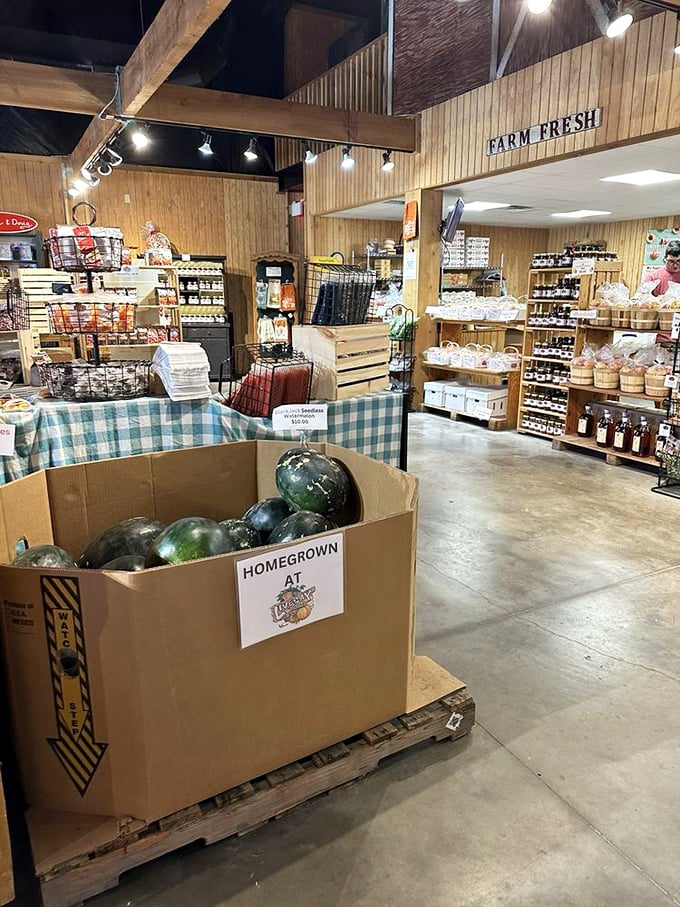 Step inside and the farm-fresh bounty greets you immediately. Wooden beams, country charm, and shelves stocked with treasures that'll make your pantry jealous.