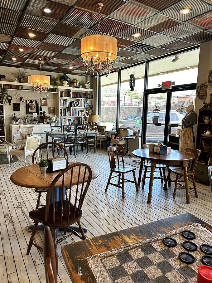 Mismatched furniture, vintage chandeliers, and bookshelves create the living room you wish you had—one that serves exceptional pie.