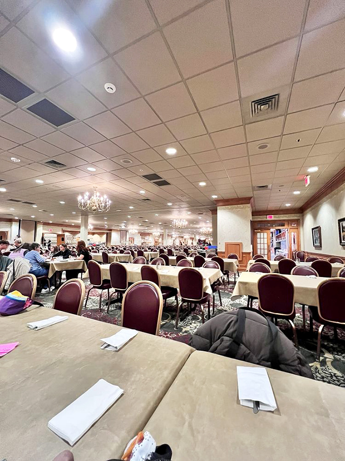 Chandeliers hang over a sea of tables where food dreams come true. It's like Downton Abbey meets your grandmother's dining room&mdash;if grandma fed an army.
