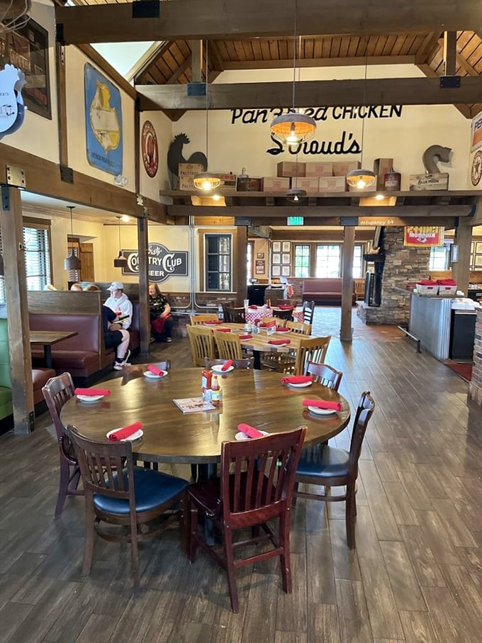 Beneath wooden beams and vintage signage, diners gather around family-style tables where countless "mmm" sounds have echoed since the pan-frying began.