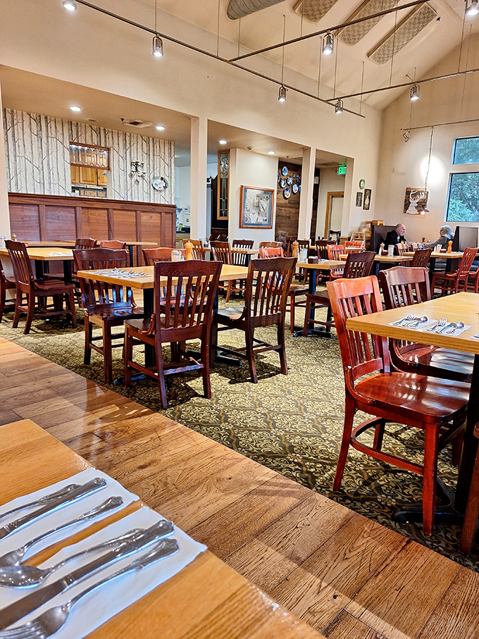 Warm wood tones, birch tree wallpaper, and that magical Pacific Northwest light streaming through windows&mdash;breakfast with architectural ambition.