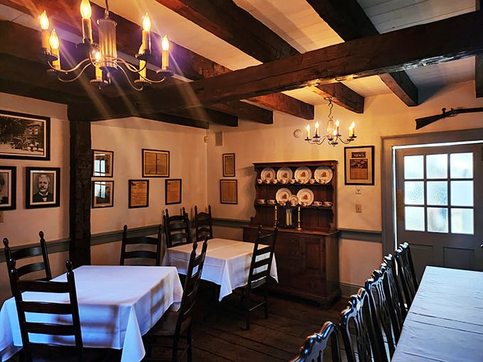 Step back in time with exposed beams, period-appropriate chandeliers, and white tablecloths that whisper "the prime rib here is worth putting on nice pants for."