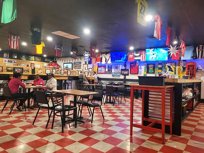 Soccer jerseys hang from the ceiling like championship banners in this British-themed haven where fish and chips reign supreme.