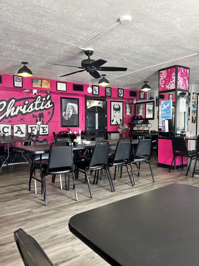 Inside Christi's, the hot pink walls adorned with vintage photographs create a time capsule where comfort food reigns supreme and calories don't count.