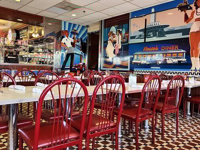Red vinyl chairs and vintage murals create the perfect backdrop for your food journey—like stepping into a Norman Rockwell painting where calories don't count.