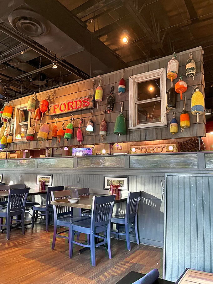 Colorful buoys adorn the walls, transforming a suburban Virginia restaurant into a coastal New England escape. No passport required! 