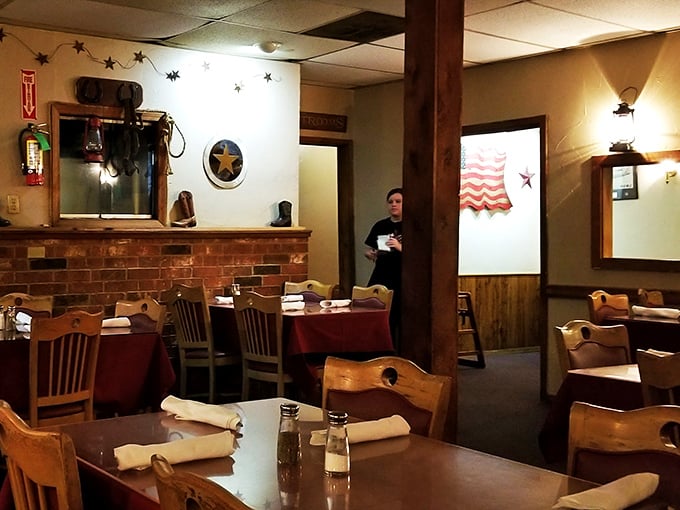 Inside, wooden tables and brick accents create Oklahoma's coziest dining room. The Western stars on the wall aren't just decoration&mdash;they're foreshadowing the stellar meal to come.