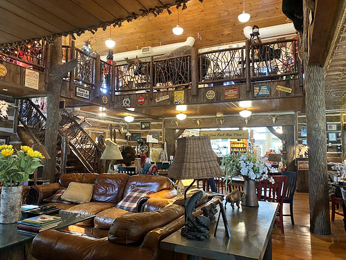 Step inside and time slows down. Rustic wooden beams, vintage signs, and that balcony overlook create the kind of atmosphere money can't manufacture.