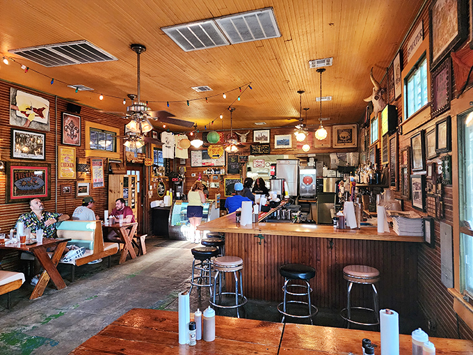Inside, wood-paneled walls covered in memorabilia create the perfect backdrop for barbecue dreams to come true.