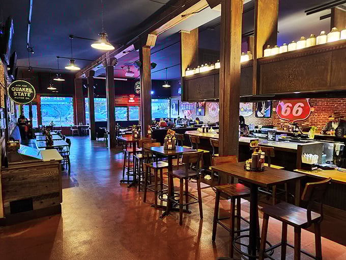 Inside, wooden beams and Route 66 memorabilia create that perfect "I've discovered something special" atmosphere where barbecue dreams come true.