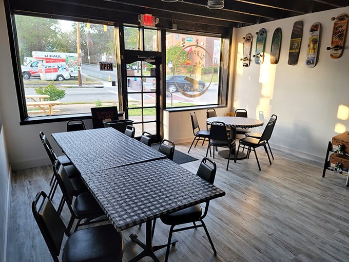 Simple tables, skateboard d&eacute;cor, and life-changing chicken &ndash; Slappy's dining room proves greatness doesn't require fancy surroundings.