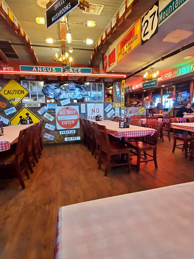 Inside, a wonderland of road signs and Americana creates the perfect backdrop for serious meat consumption—welcome to "Angus Place."