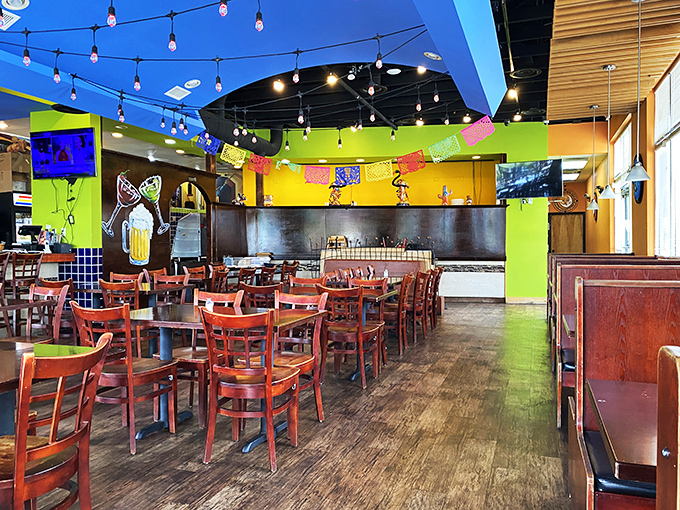 String lights dance overhead while vibrant walls create an atmosphere that's part fiesta, part mountain retreat&mdash;the perfect backdrop for culinary adventures.