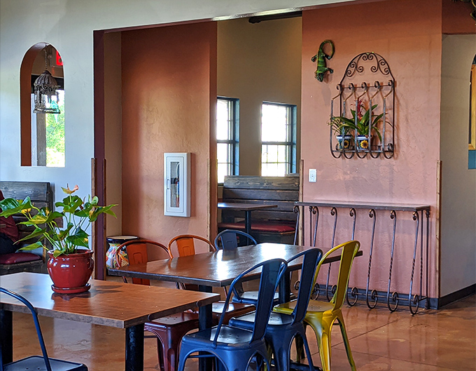 Terracotta walls and colorful metal chairs create that "somewhere else" feeling&mdash;exactly what you want when escaping a Wisconsin February.