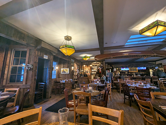 Inside, stained glass lighting fixtures cast a warm glow over wooden tables where morning memories are made and pancake dreams come true.