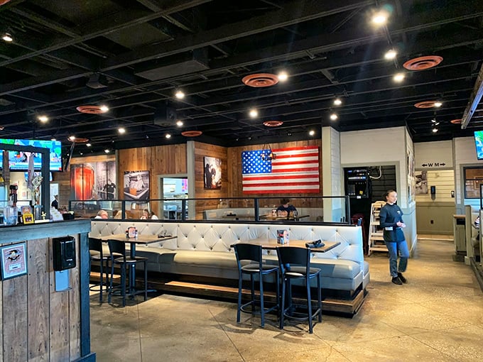 Industrial chic meets heartland comfort in Bricktown's interior, where the American flag reminds you great food is a patriotic duty.