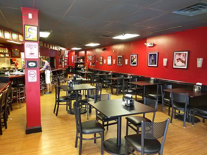 Red walls adorned with eclectic art create the perfect backdrop for pie-based epiphanies. Simple tables invite you to focus on what really matters&mdash;the food.