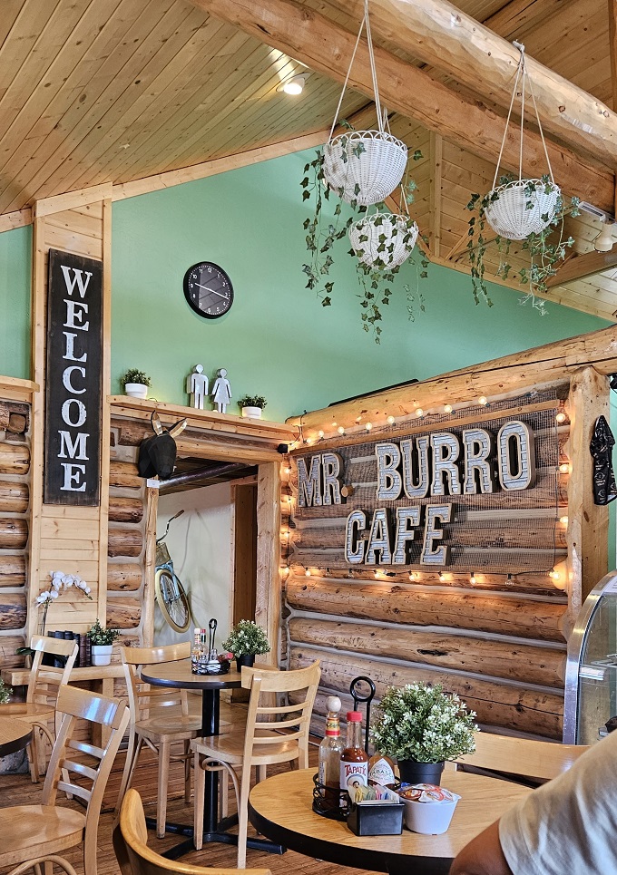 Rustic wooden beams meet mint green walls, hanging plants, and that glowing "MR. BURRO" sign&mdash;proof that mountain folk know cozy better than anyone.
