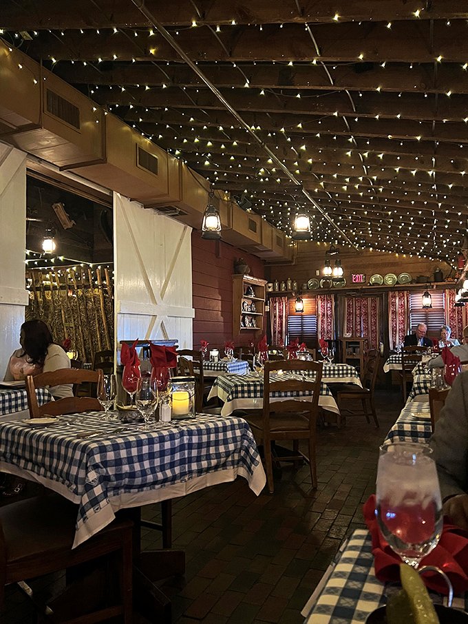 Twinkling lights create a starry-night effect indoors, making dinner feel like a special occasion even on an ordinary Tuesday. Pure dining magic.