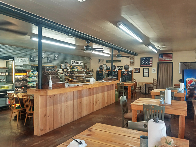Rustic wooden tables, mismatched chairs, and an American flag &ndash; the dining area isn't trying to impress anyone, until the food arrives.