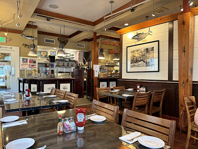 Wooden beams, mounted fish, and sailing memorabilia transform dining into a maritime adventure. It's not decoration&mdash;it's a love letter to Chesapeake Bay.