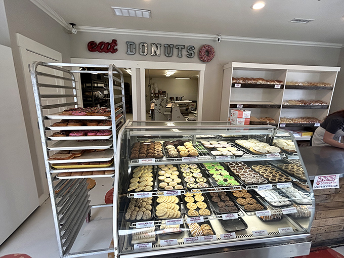 Donut heaven awaits behind the glass! The display case at Provo Bakery is like a museum where all the exhibits are deliciously edible.