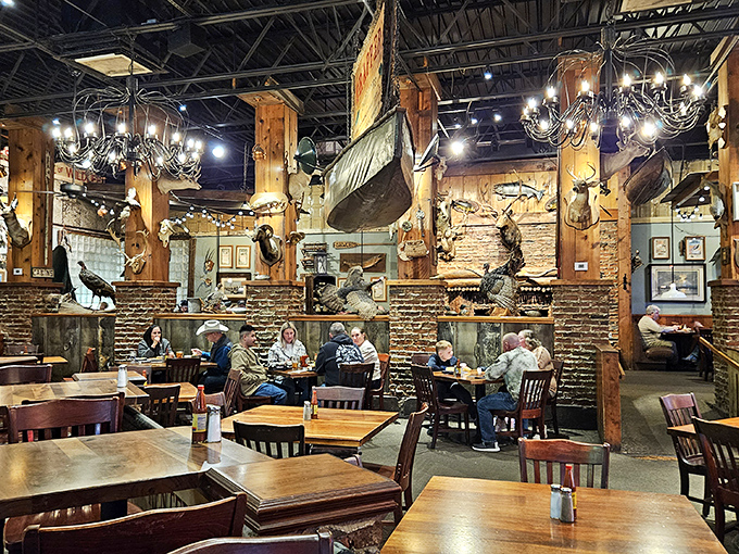 Step inside and the hunting lodge aesthetics take over &ndash; mounted trophies, wooden beams, and canoes hang from the ceiling like childhood memories.